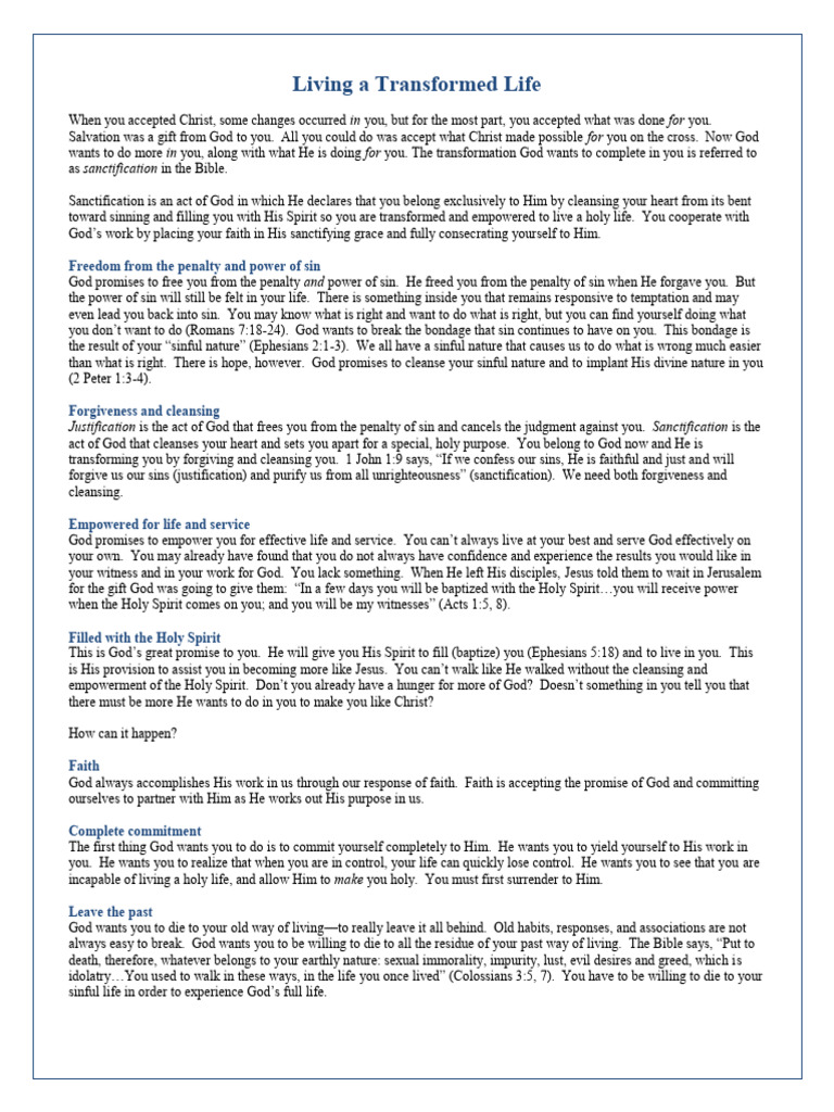 Living a Transformed Life | PDF | Baptism With The Holy Spirit ...