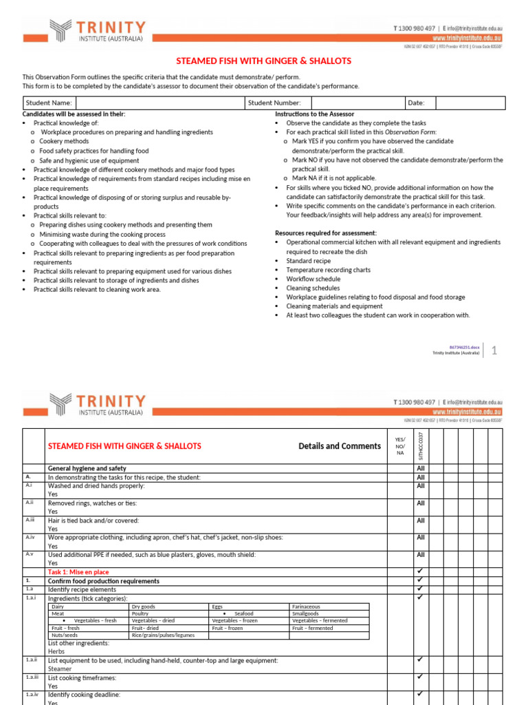 Observation Checklist Steamed Fish v1.0 | PDF | Cooking | Roasting