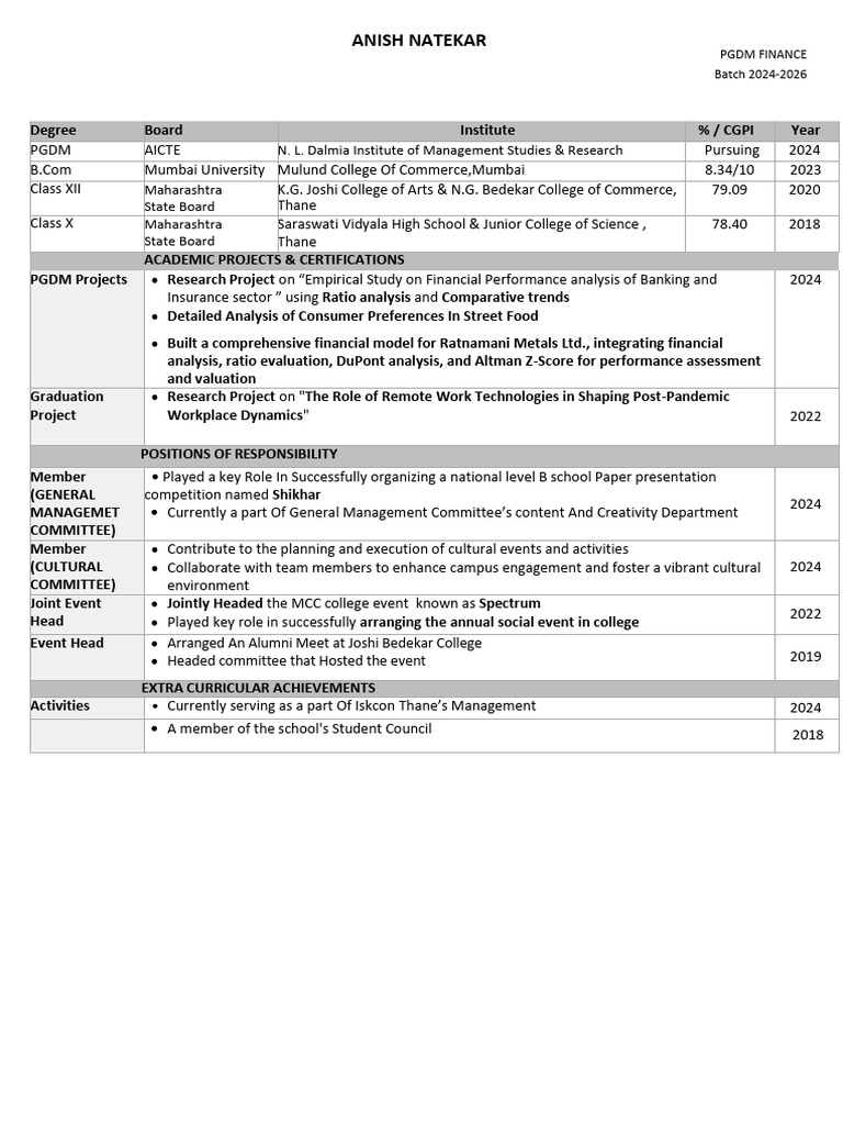 Anish Natekar: "Empirical Study On Financial Performa " Using | PDF ...