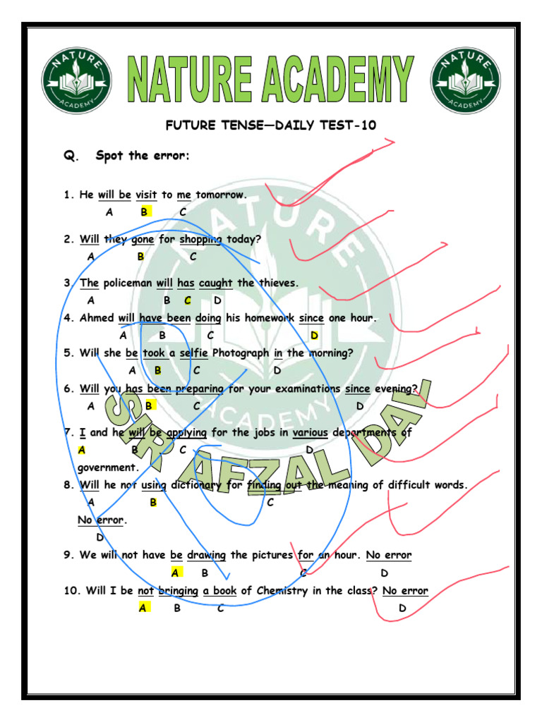 Future Tense Error Correction Test | PDF | Language Mechanics | Grammar