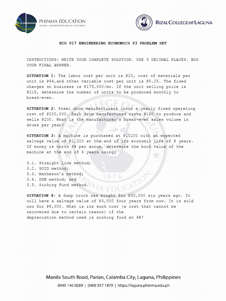 ECO 017 Engineering Economics P3 Problem Set | PDF