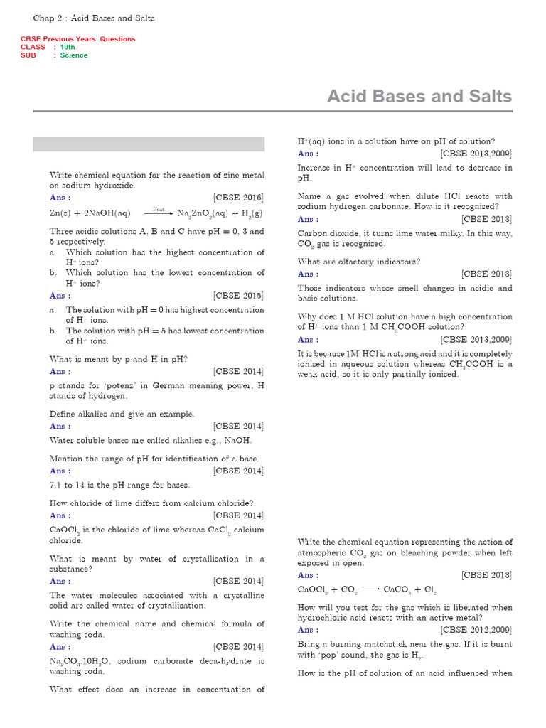 Acids, bases salts PYQ_ans | PDF | Acid | Sodium Carbonate