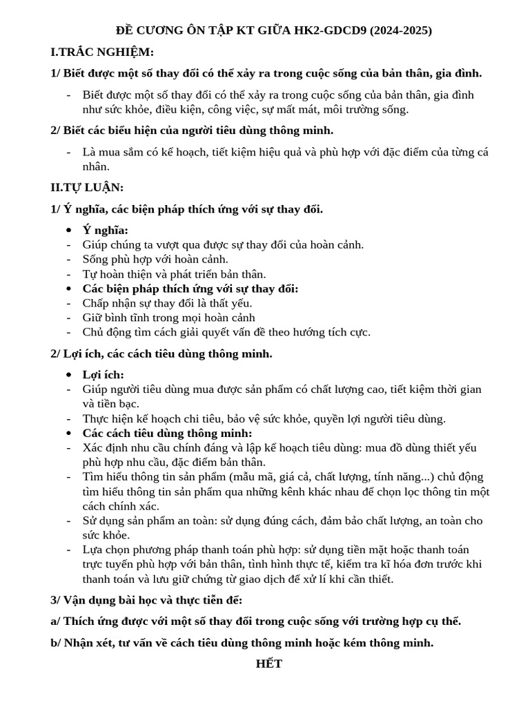 ĐỀ CƯƠNG ÔN TẬP KT GIỮA HK2 GDCD 9 24 25 | PDF