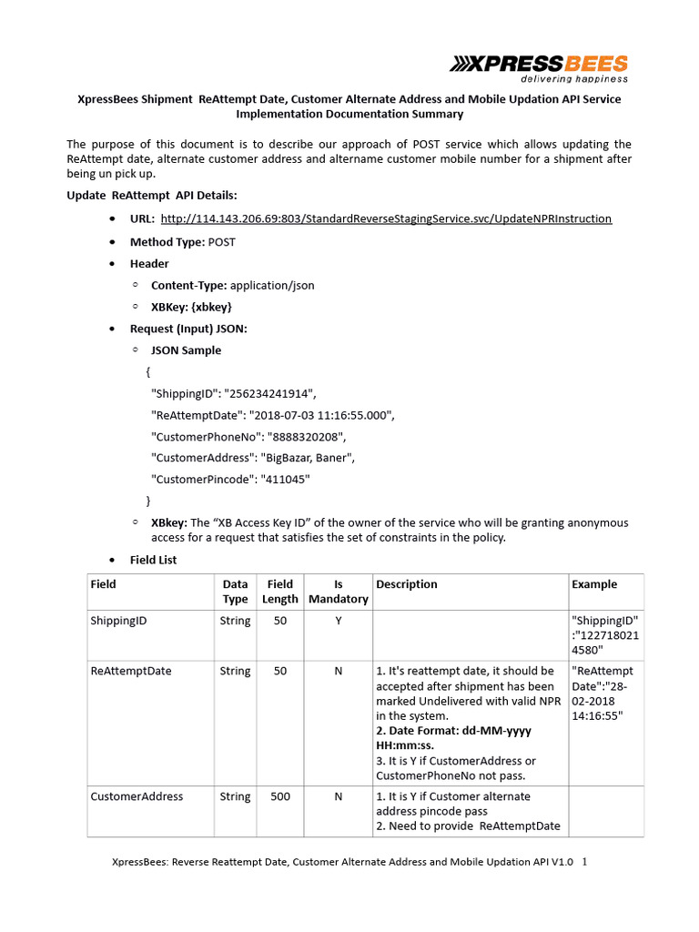 XpressBees Shipment ReAttempt API Guide | PDF | Json | Computer Science