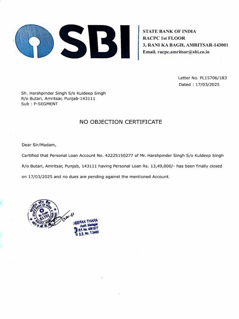 NOC SBI | PDF