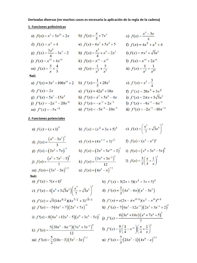 Derivadas Diversas - Elementales, Regla Cadena, Deriv Logaritmica | PDF