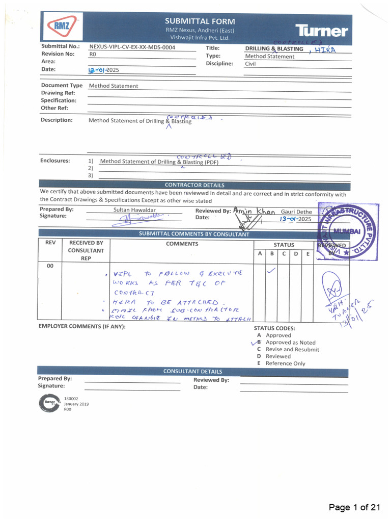 NEXUS-VIPL-CV-EX-XX-MDS-0004 - R0 - Method Statement of Drilling, Controlled Blasting and HIRA | PDF