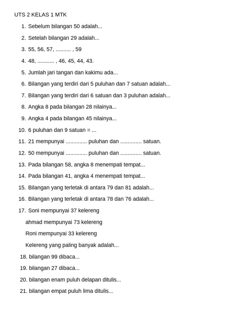 Uts 2 Kelas 1 MTK | PDF