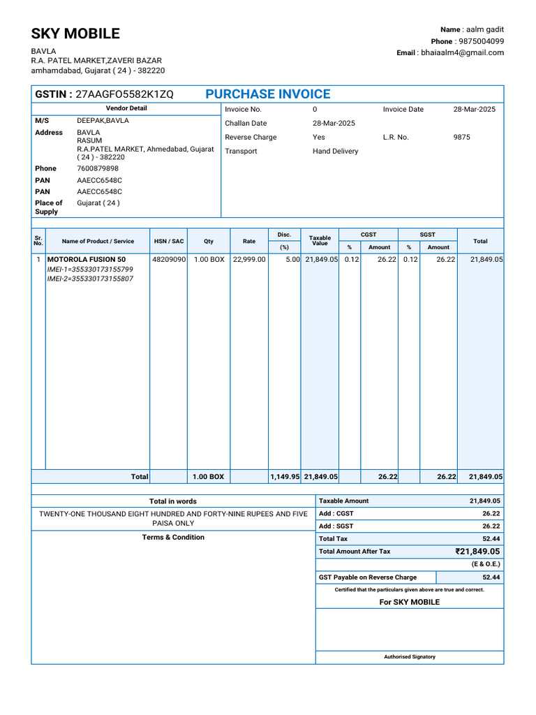 Purchaseinvoice - DEEPAK BAVLA BAVLA 12 30 45 | PDF | Taxation | Government