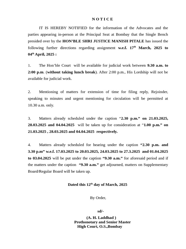 Court Schedule Update by Justice Pitale | PDF