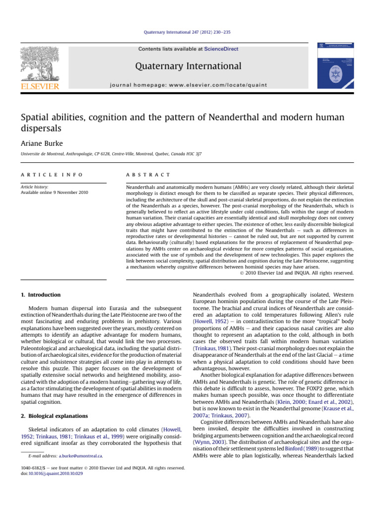Spatial Abilities Cognition and The Pattern of Neander - 2012 ...