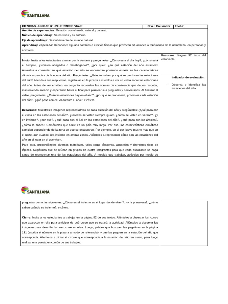 Ciencias - Unidad 6: Un Hermoso Viaje Nivel: Pre Kínder Fecha: Ámbito ...