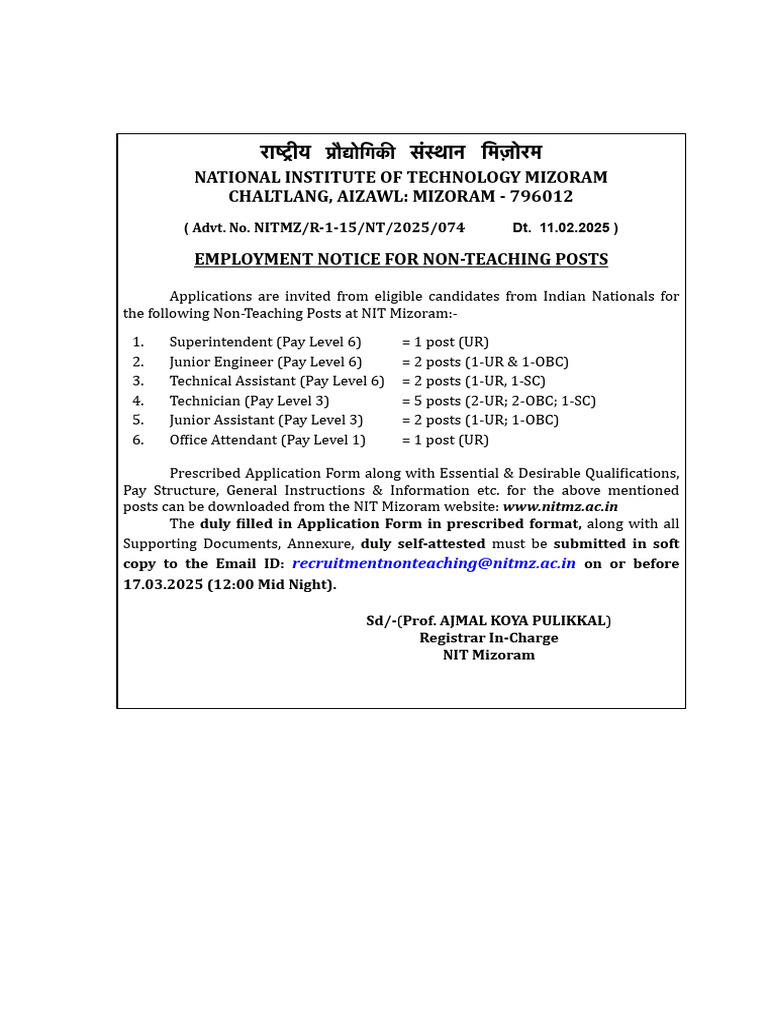 NIT MIZORAM Brief Advertisement 13 Nos. Non-Teaching VOL-15 2025 | PDF