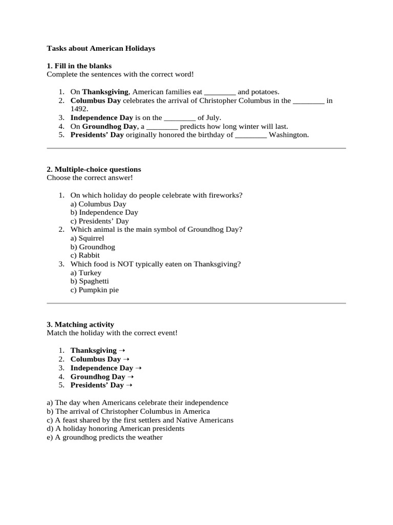 Tasks About American Holidays | PDF