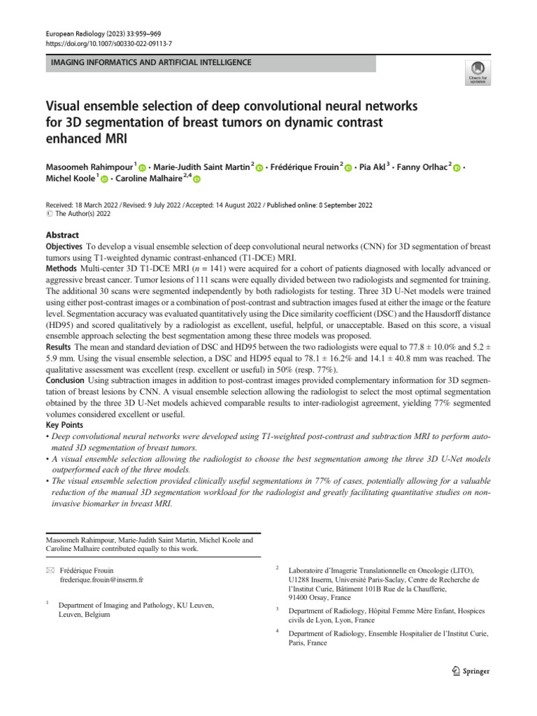 Visual ensemble selection of deep convolutional neural networks for 3D segmentation of breast ...
