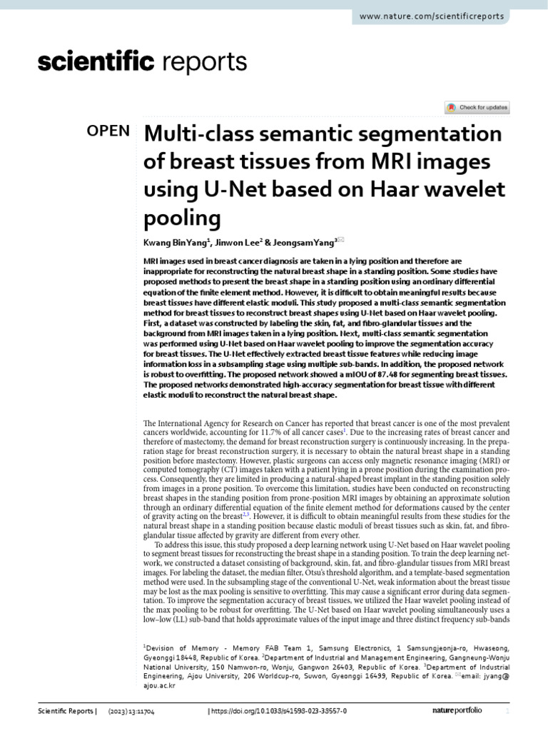 Multi Class Semantic Segmentation Of Breast Tissues From Mri Images Using U Net Based On Haar