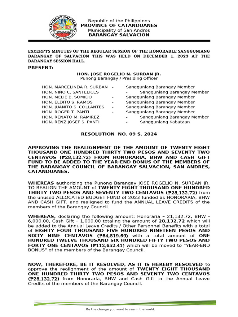 resolution no. 4 realignment for year-end bonus2 | PDF | Typographical Symbols | Economy Of Asia