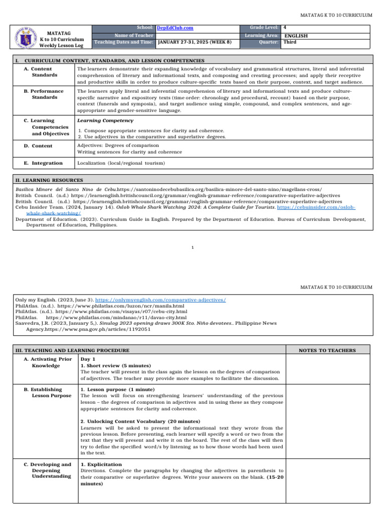 Dll Matatag _english 4 q3 w8 | PDF | Curriculum | Teachers