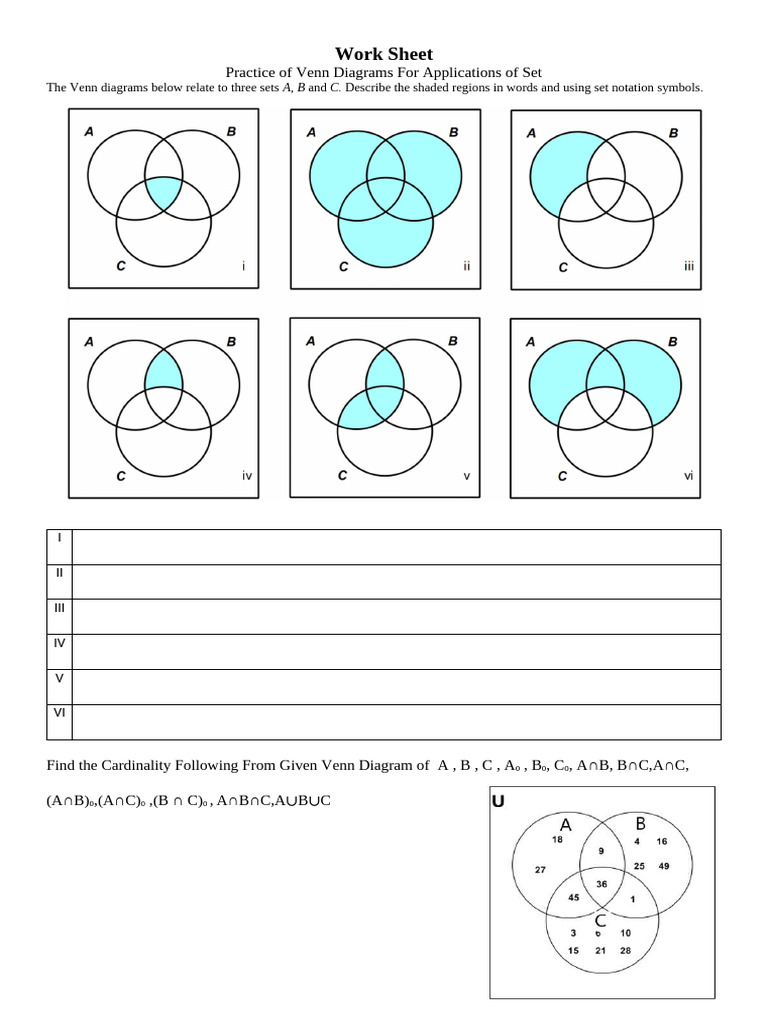 Venn Diagram Set Theory Practice Worksheet | PDF