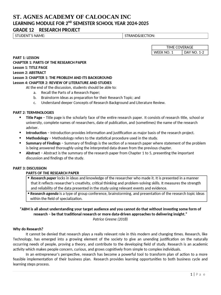 Grade 12 Research Paper Module | PDF | Data | Methodology