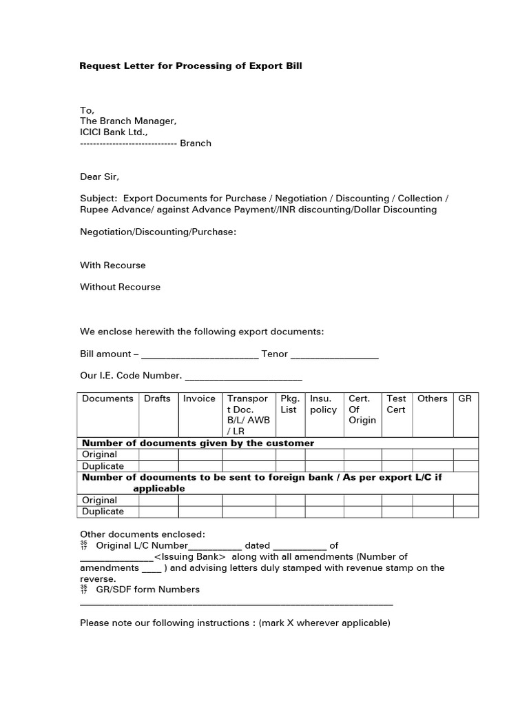 Export Bill Processing Request Letter | PDF | Banks | Payments