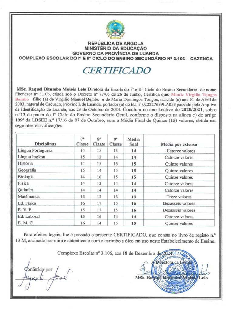 certificado da 9ª classe de Moniz Virgílio Tongos Bembo | PDF