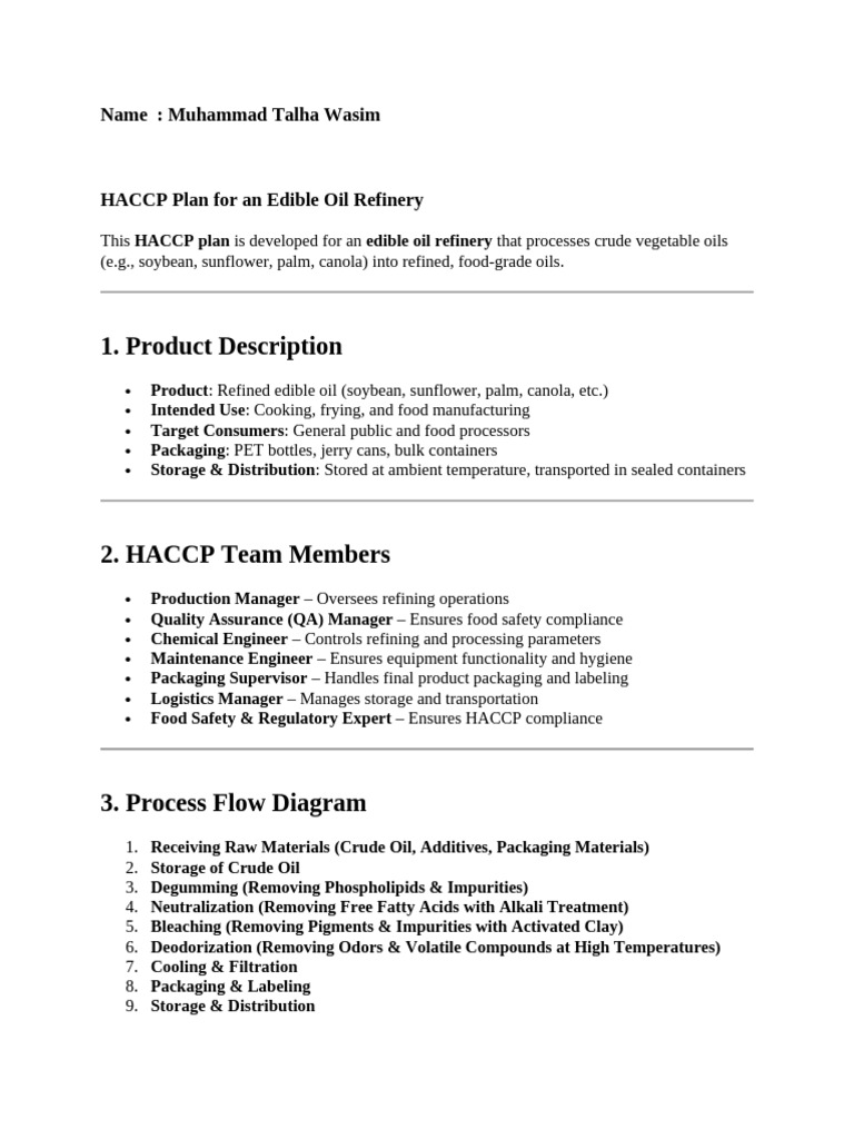 HACCP Plan for Edible Oil Refinery | PDF | Cooking Oil | Oil