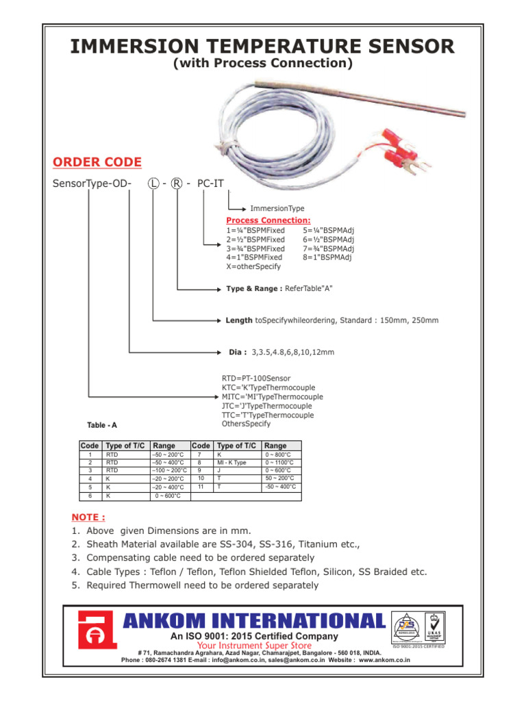 Temperature Sensors Immersion Type | PDF | Materials