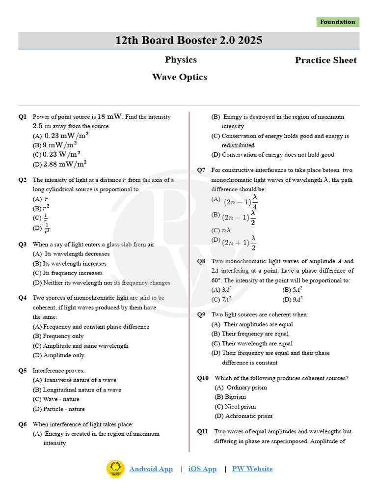 67a48115bdb101b95734bf73 - ## - Wave Optics: Practice Sheet - 12th ...