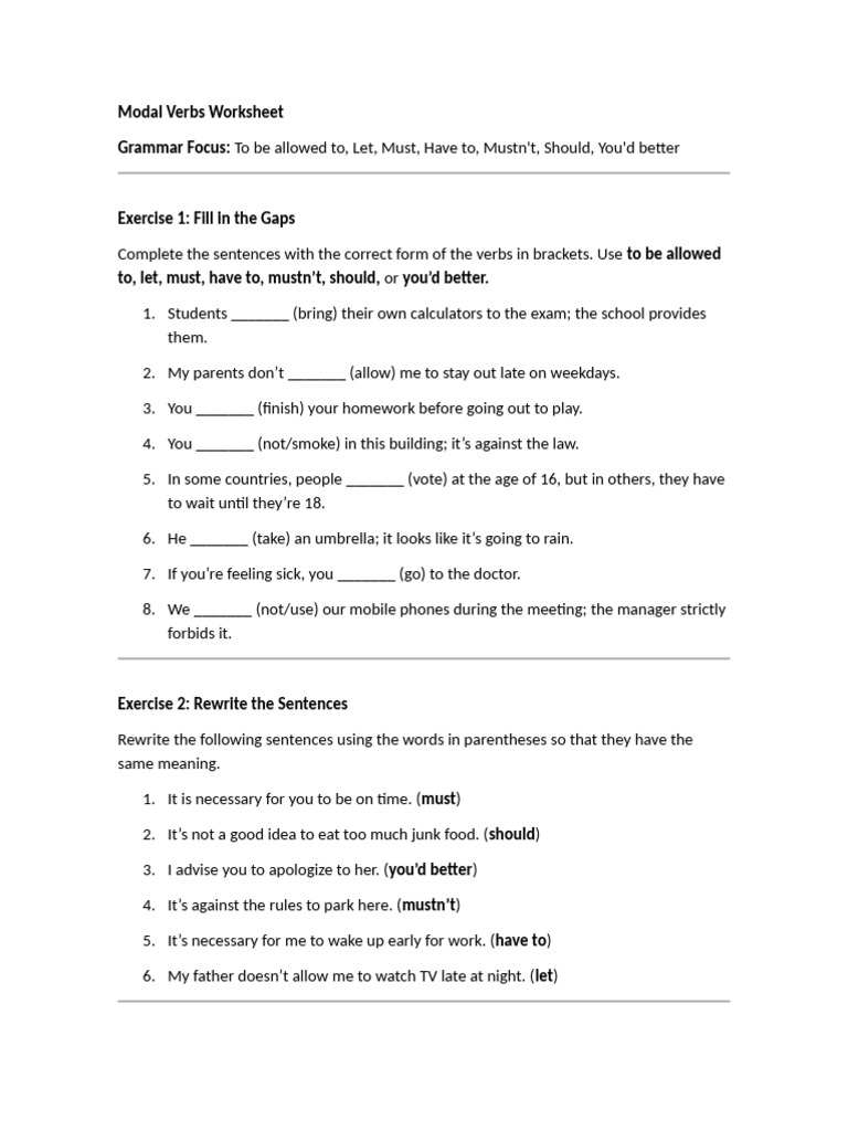Modal Verbs Practice Worksheet | PDF | Linguistic Morphology ...