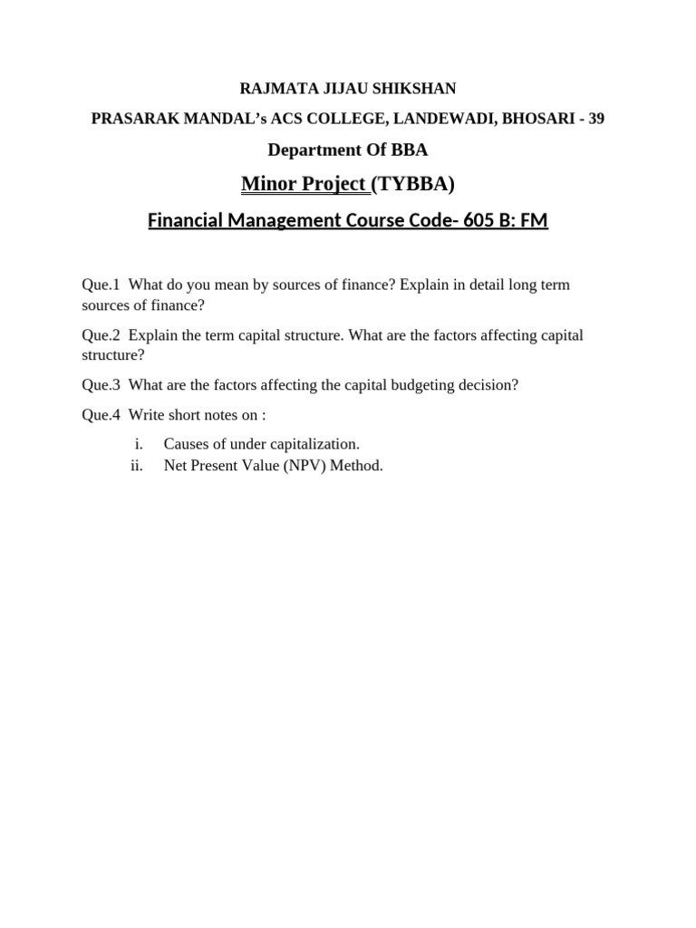 Financial Management Project: Sources & Capital | PDF