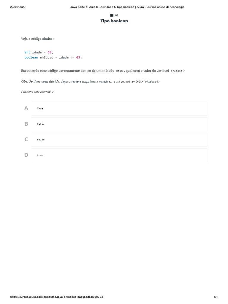 Java Parte 1_ Aula 6 - Atividade 5 Tipo Boolean _ Alura - Cursos Online ...