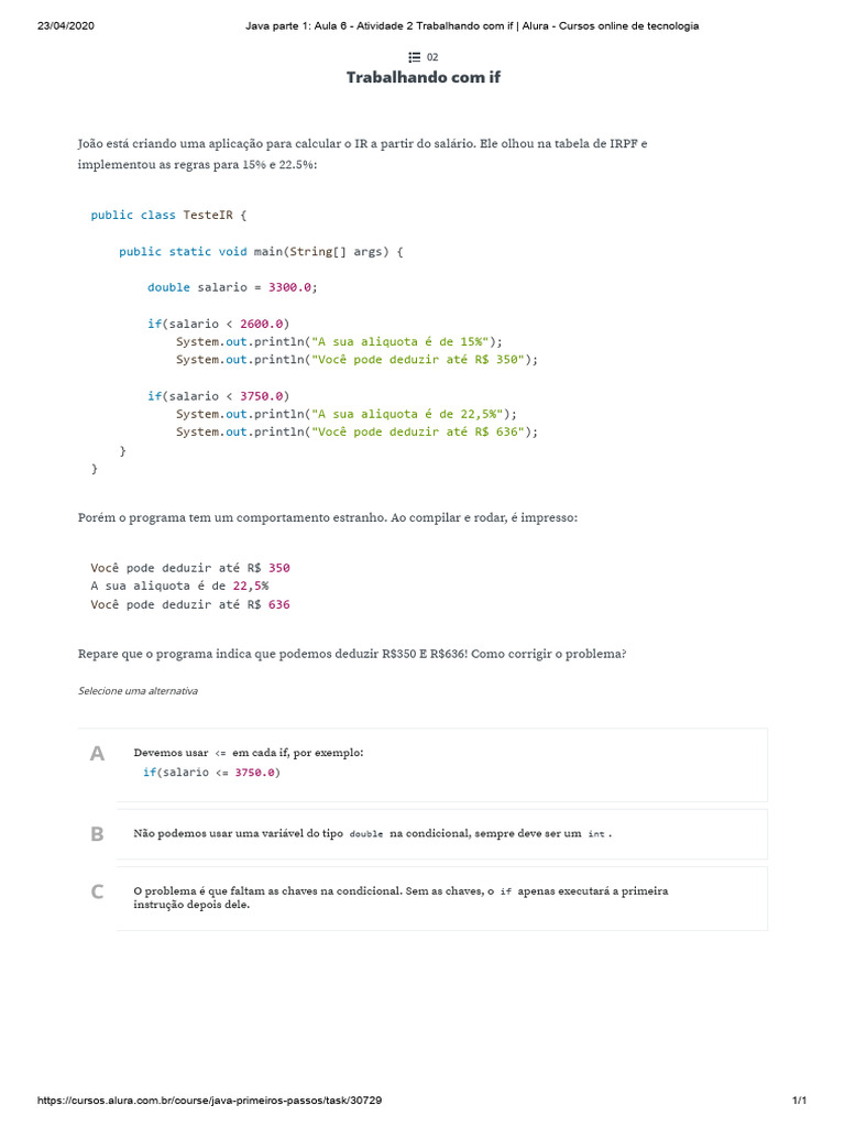 Java Parte 1 - Aula 6 - Atividade 2 Trabalhando Com If | PDF
