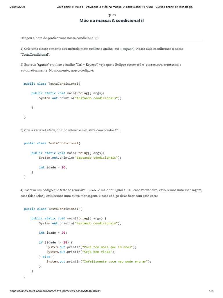 Java Parte 1 - Aula 6 - Atividade 3 Mão Na Massa - A Condicional If ...