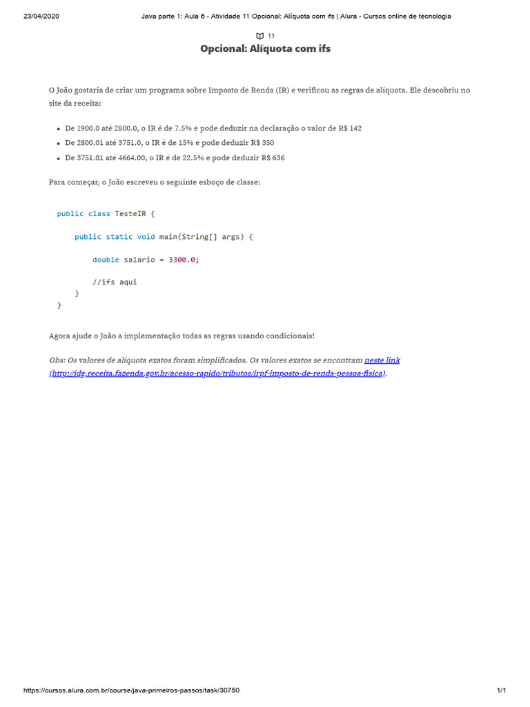 Java Parte 1 - Aula 6 - Atividade 11 Opcional - Alíquota Com Ifs | PDF