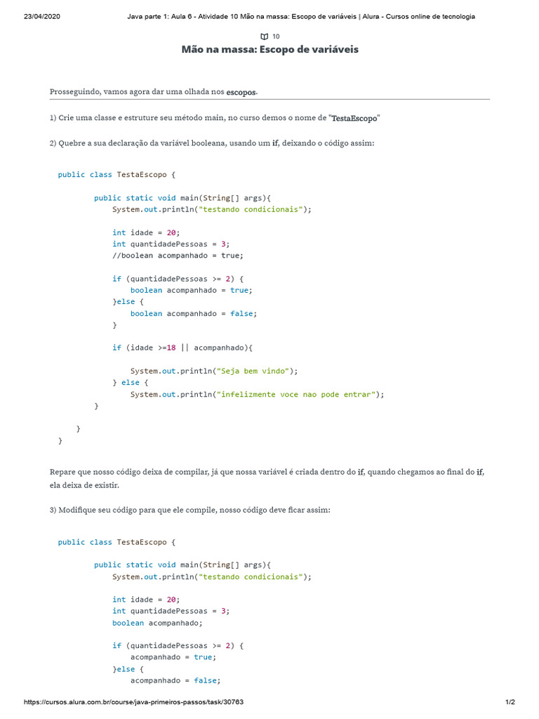 Java Parte 1 - Aula 6 - Atividade 10 Mão Na Massa - Escopo de Variáveis | PDF | Java (linguagem ...