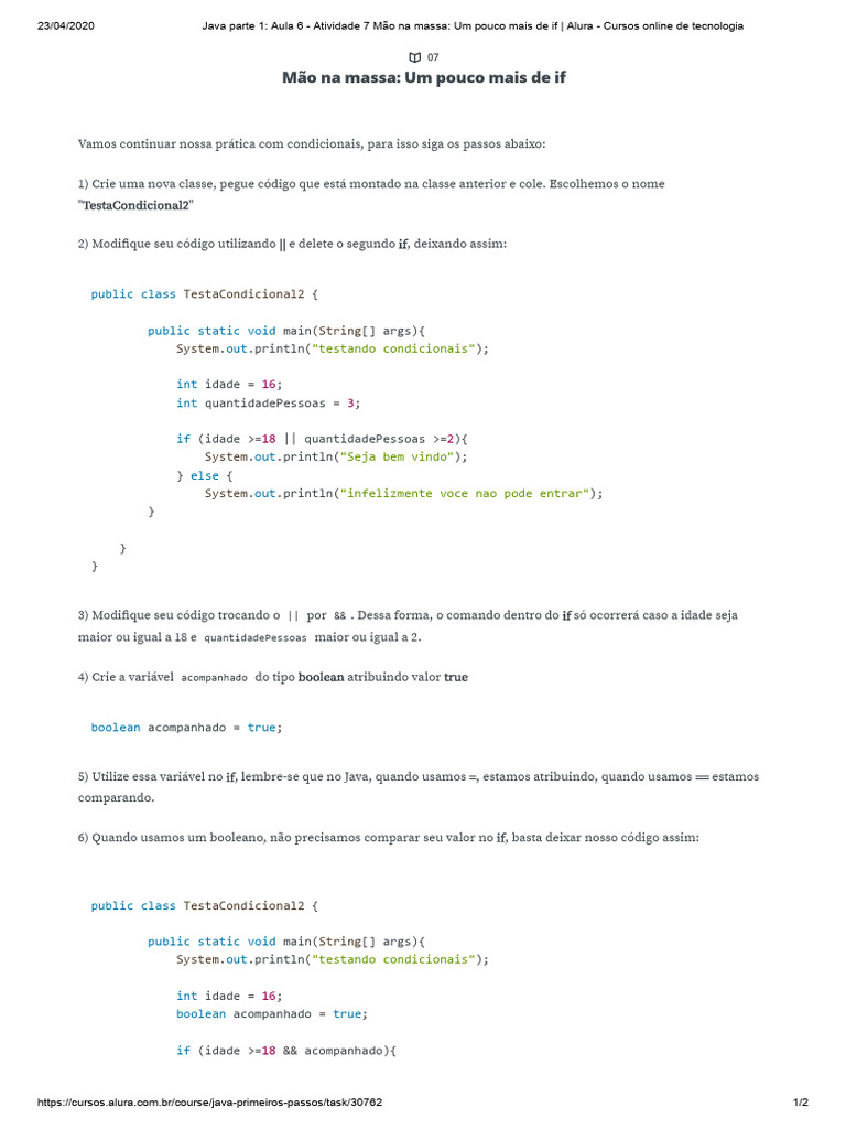 Java Parte 1 - Aula 6 - Atividade 7 Mão Na Massa - Um Pouco Mais de If ...