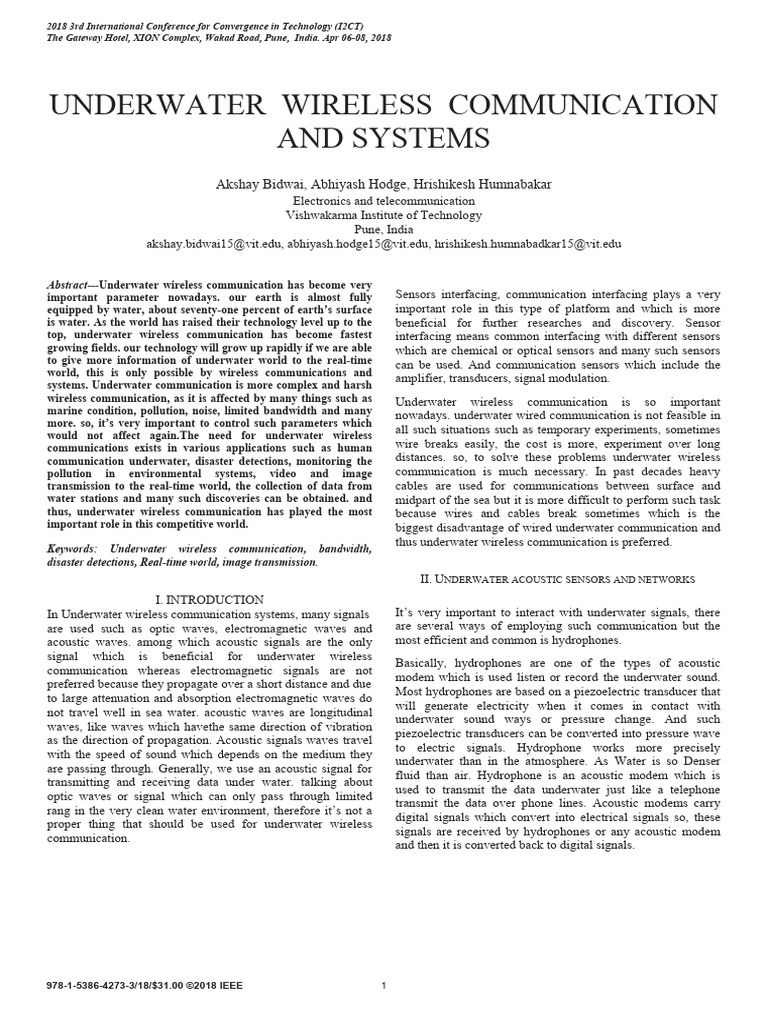 Underwater Wireless Communication Systems | PDF | Video | Acoustics