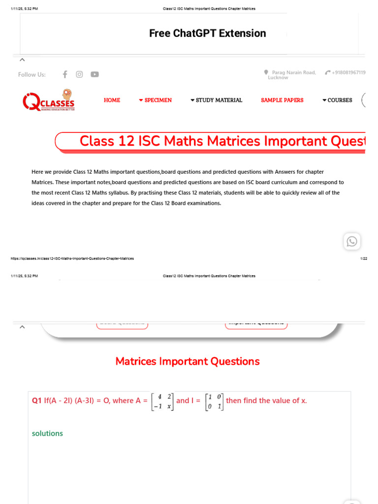 Class12 ISC Maths Important Questions Chapter Matrices | PDF | Matrix ...