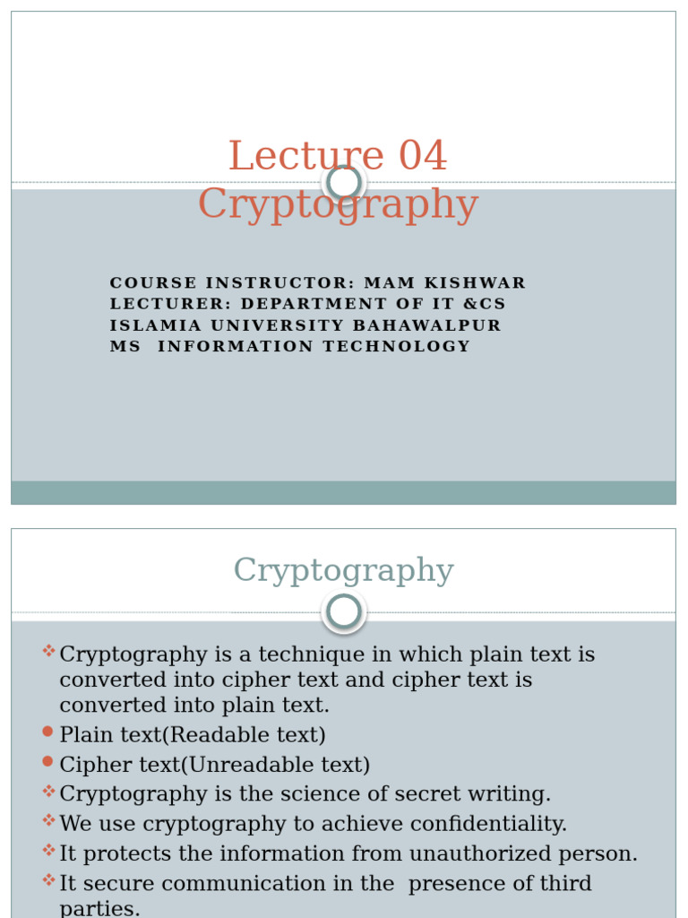 Lecture 04 Cryptography | PDF | Key (Cryptography) | Cryptography
