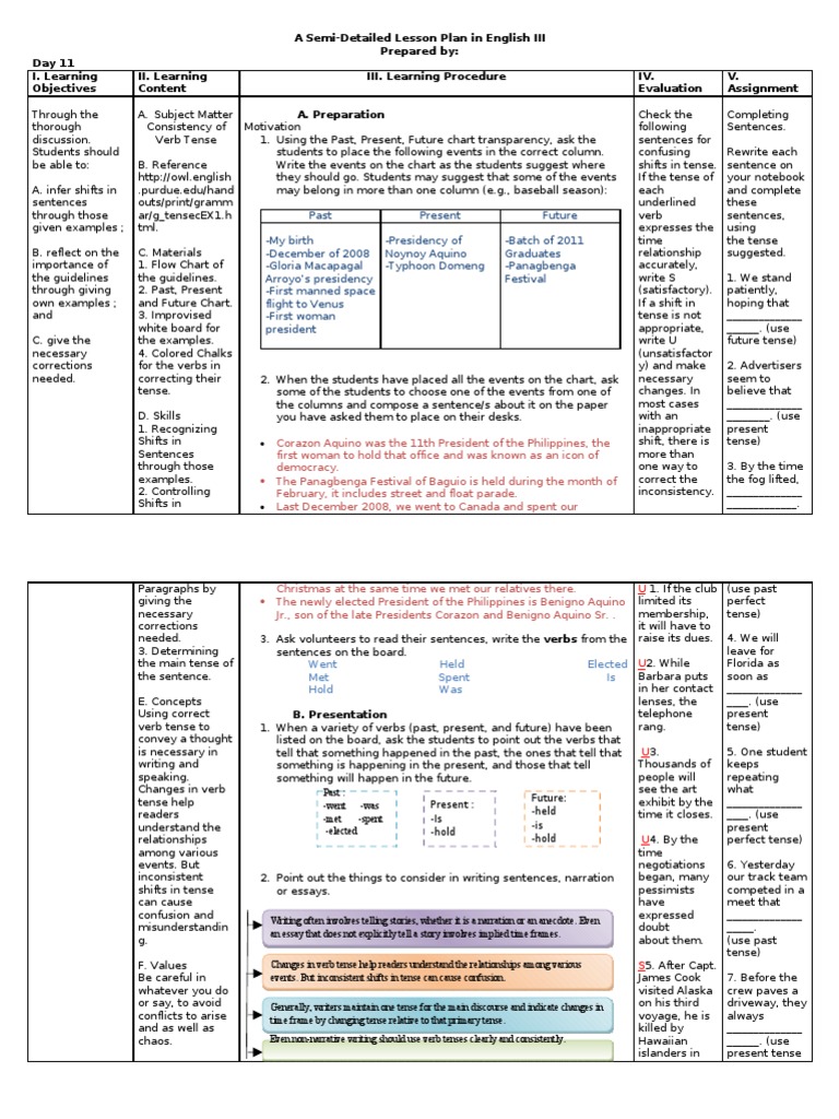 Lesson Plan on Verb Tense Consistency | PDF | Grammatical Tense ...