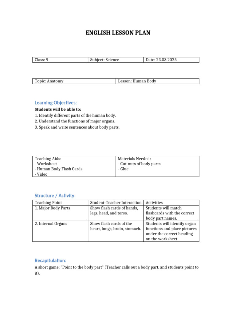 Anatomy Lesson Plan Formatted-1 | PDF