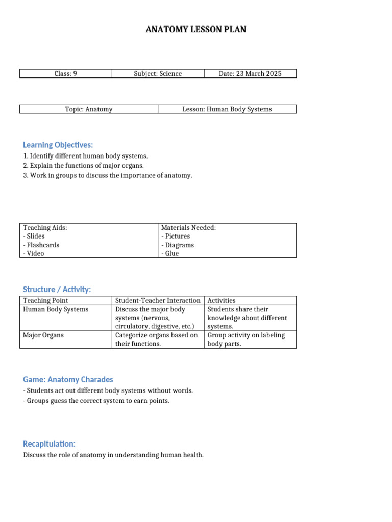 Anatomy Lesson Plan-1 | PDF