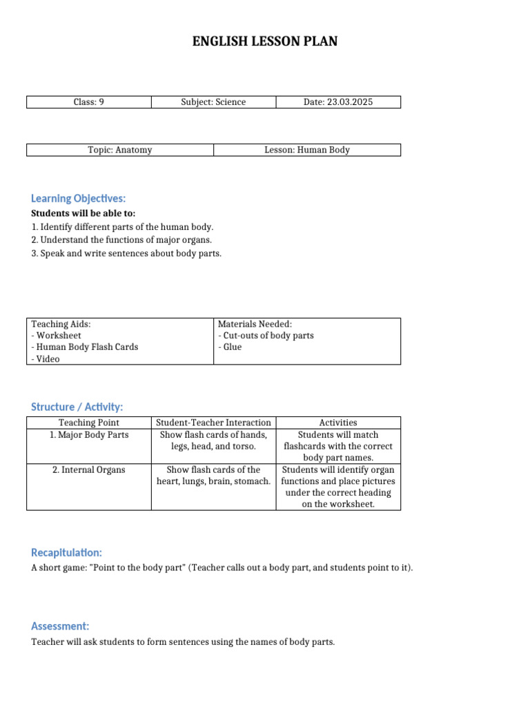 Anatomy Lesson Plan Single Page | PDF
