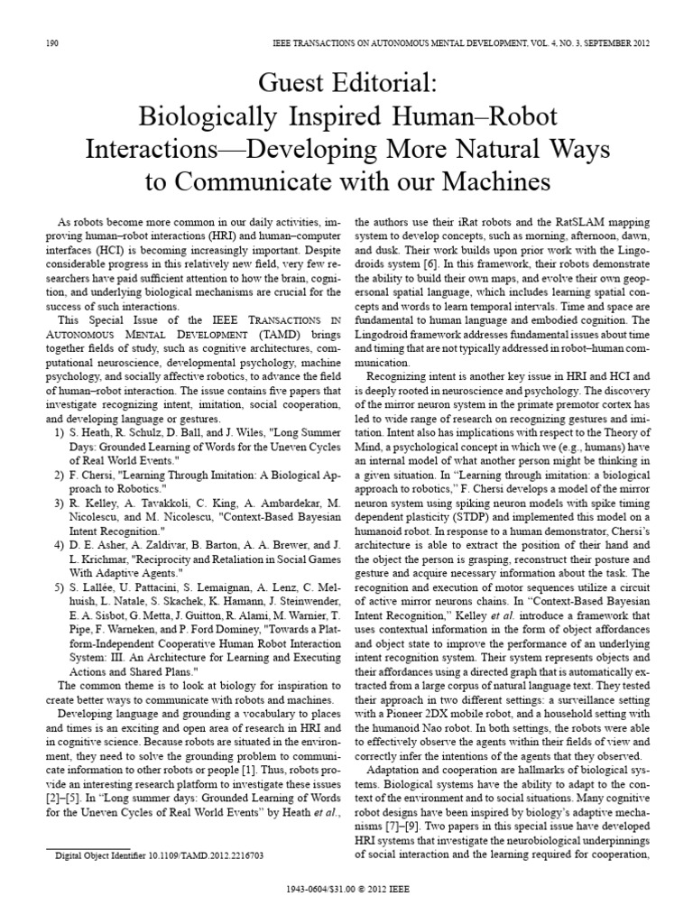 Guest Editorial Biologically Inspired Hu | PDF | Embodied Cognition | Neuroscience