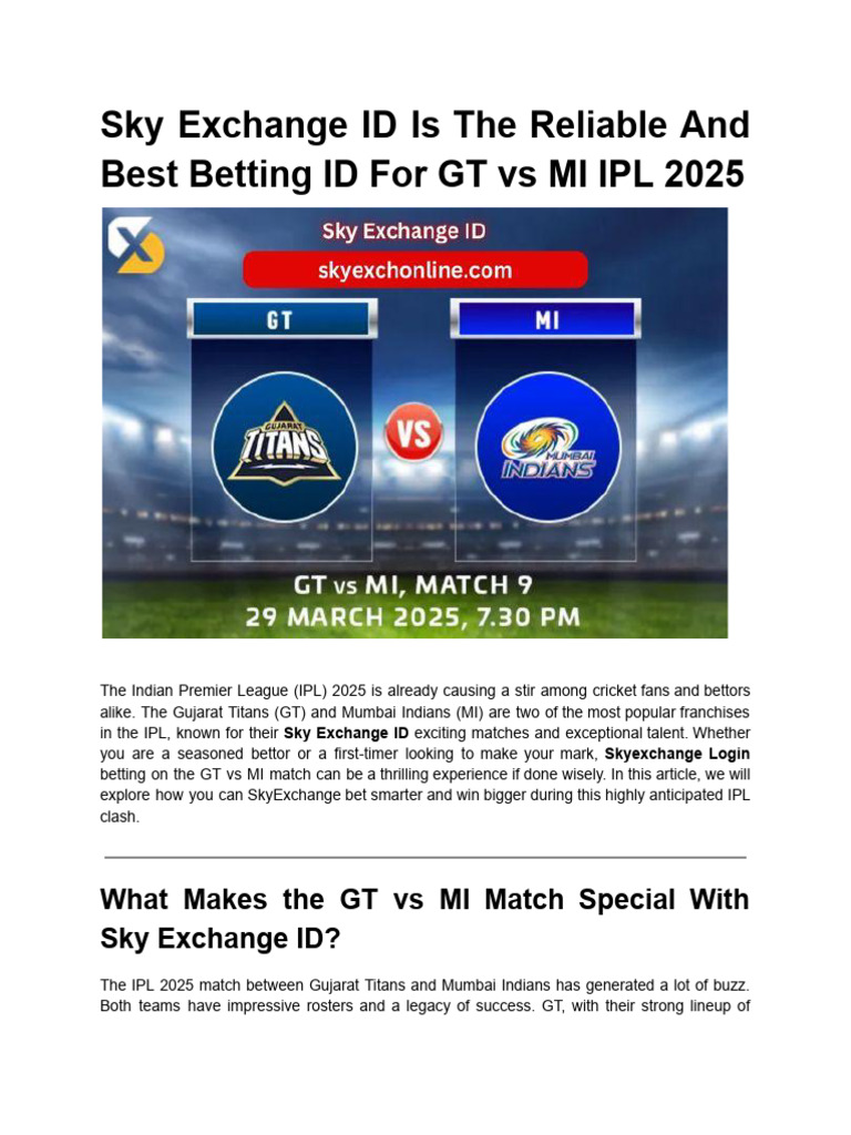 Sky Exchange ID Is The Reliable and Best Betting ID For GT Vs MI IPL 2025 | PDF | Odds