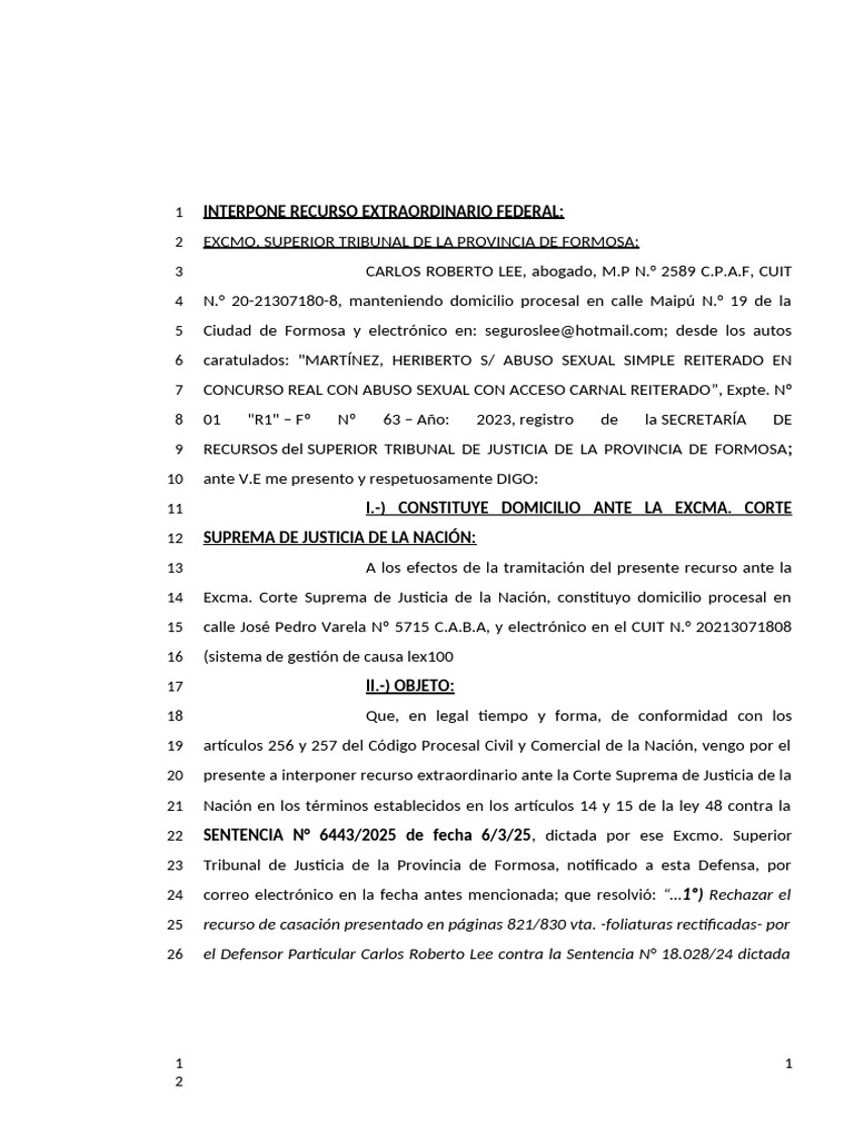 Interpone Recurso Extraordinario Federal SENTENCIA | PDF | Debido al proceso | Queja