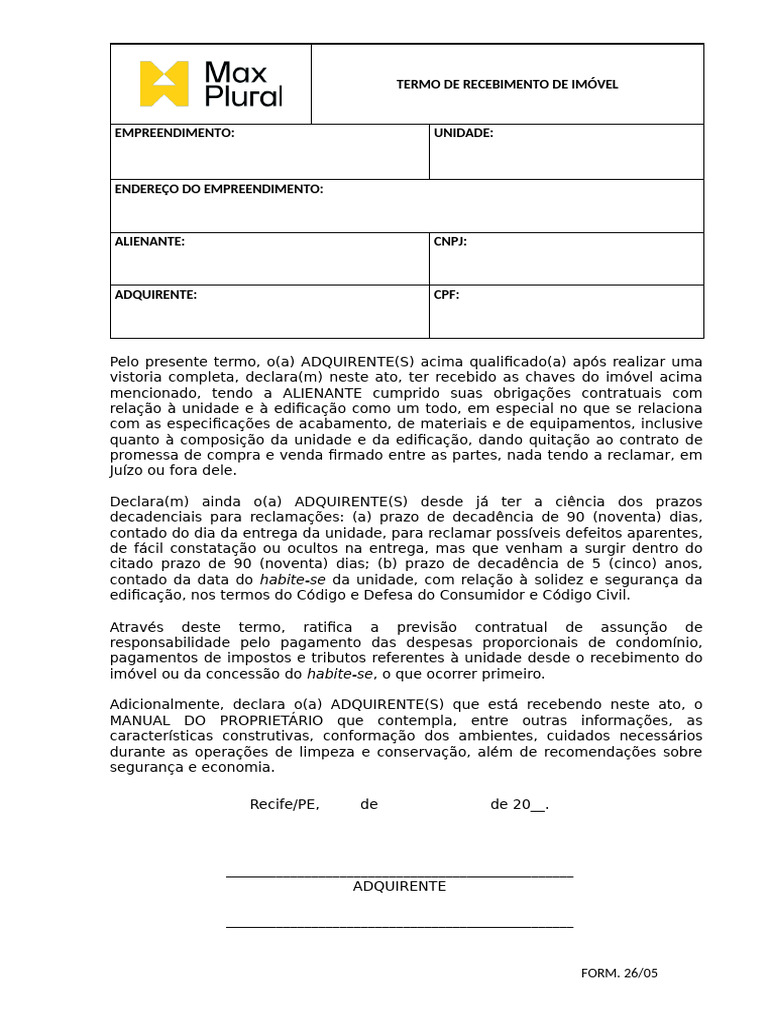 (Form 026) Form 026 - Termo de Recebimento de Imóvel - Financiamento | PDF