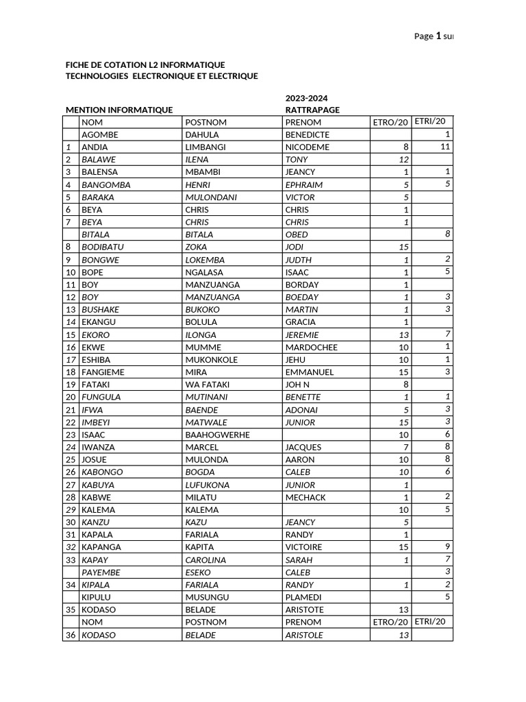 Fiche de Cotation L2 Informatique Etri Etro Technologie | PDF