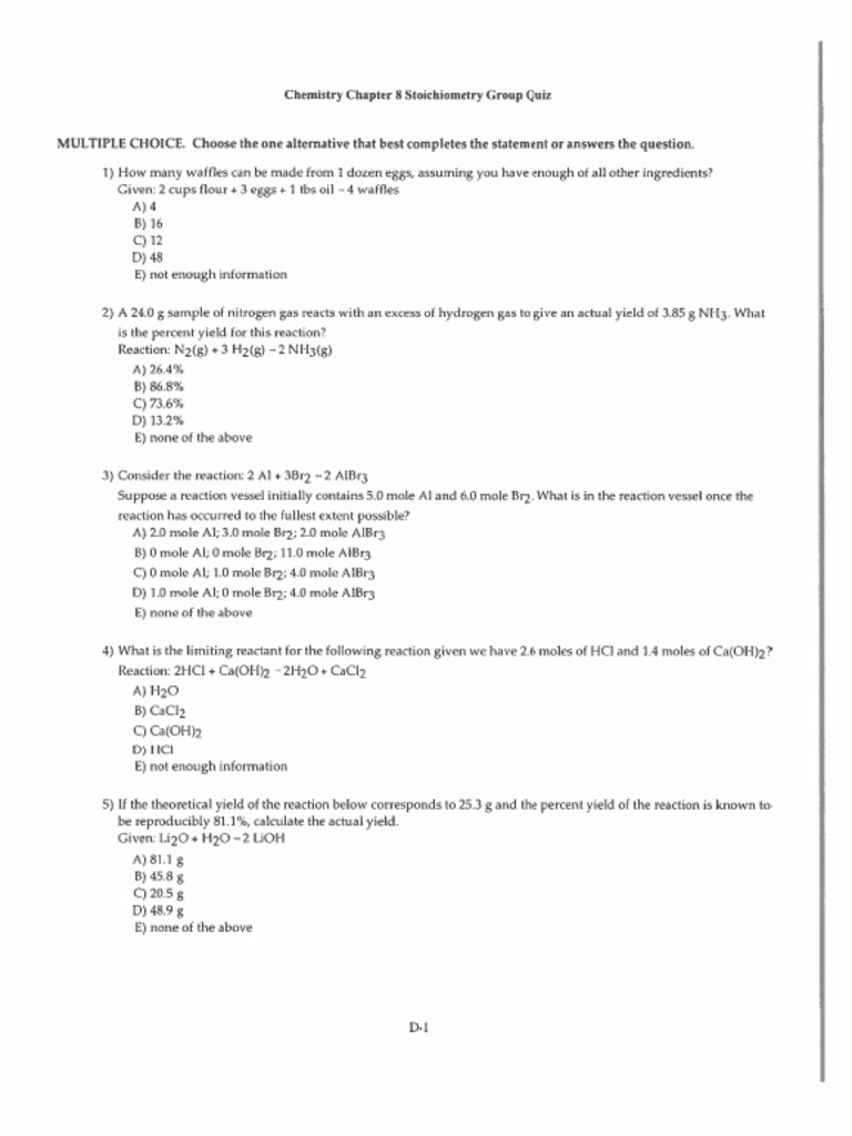 Chemistry Quiz - Stiochiometry D | PDF